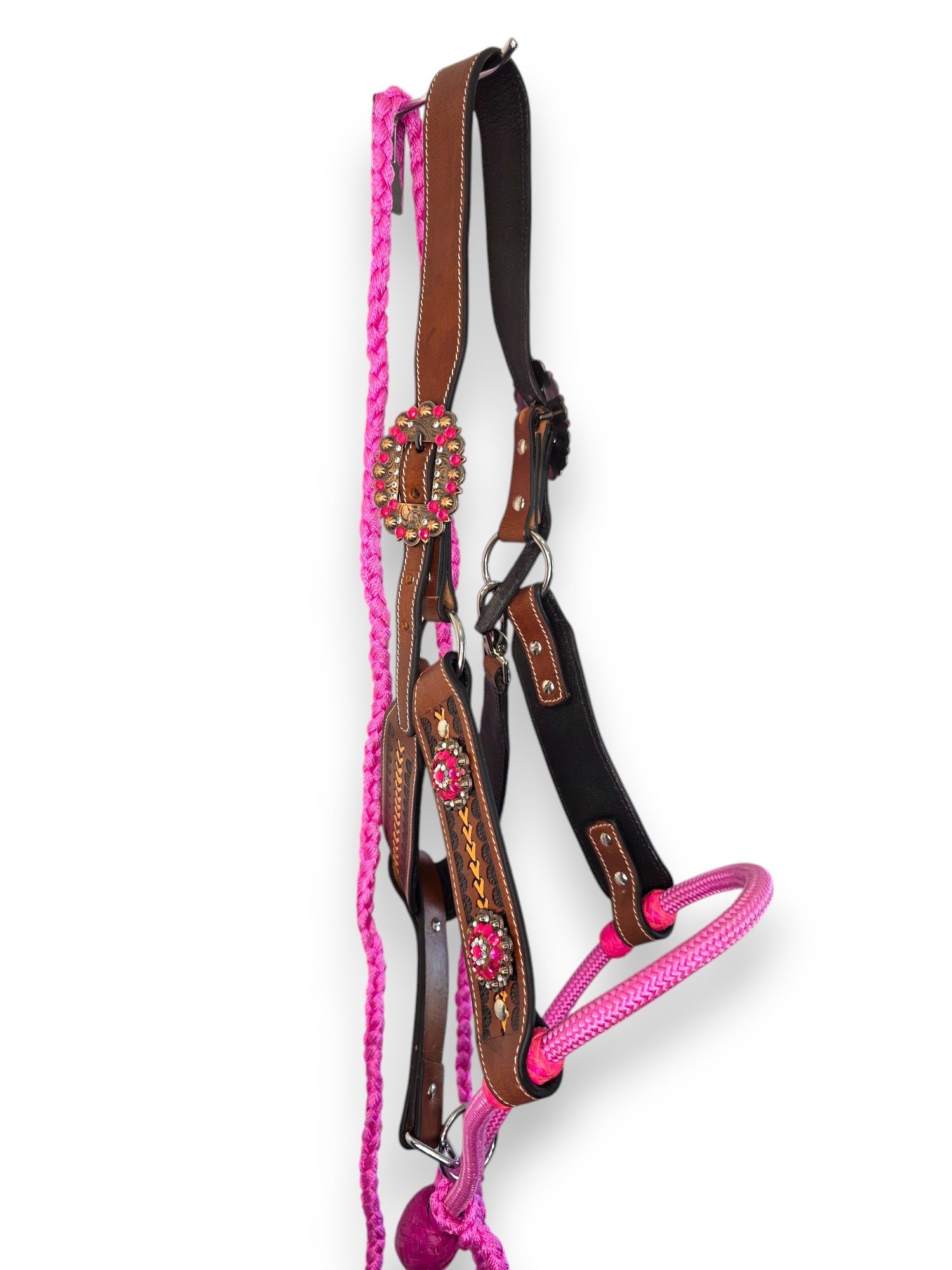 Leather Halter with Rope Nose Band - Pink – Bling and Speed